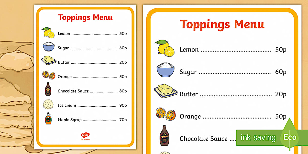 Editable Pancake Cafe Toppings Role Play Menu (teacher made)