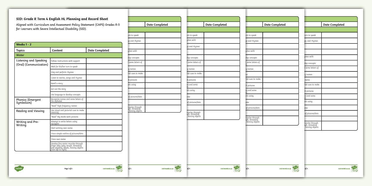 SID: Grade R Term 4 English HL Planning and Record Sheet