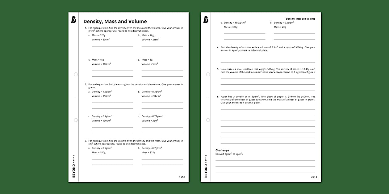 👉 Density, Mass and Volume Worksheet - Twinkl