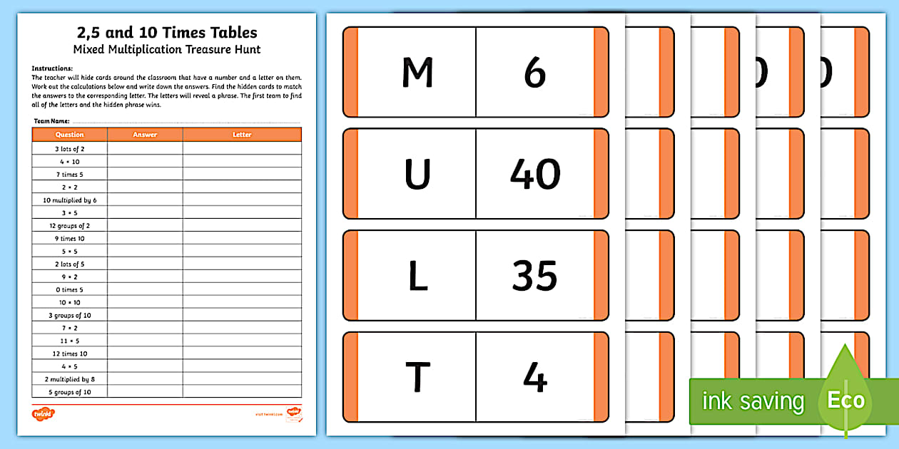 2, 5 and 10 Times Tables Treasure Hunt Game (teacher made)