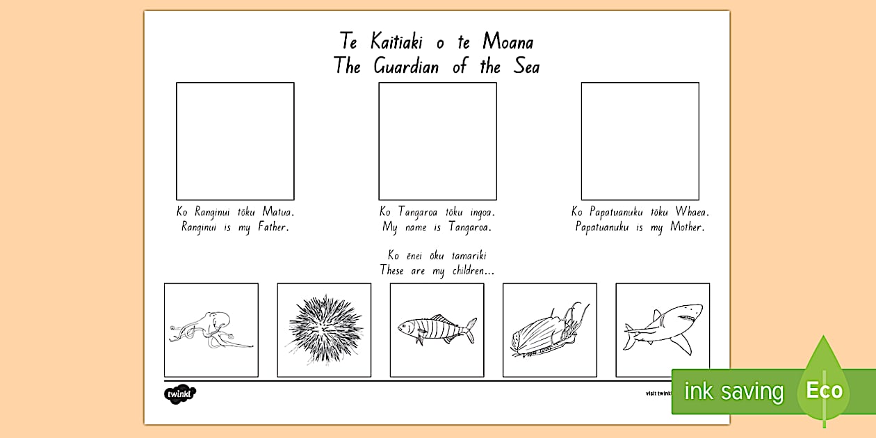 Editable Tangaroa Whakapapa colouring Worksheet Te Reo Maori/English
