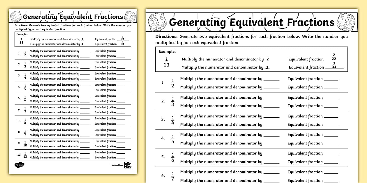 Third Grade Generating Equivalent Fractions Worksheet