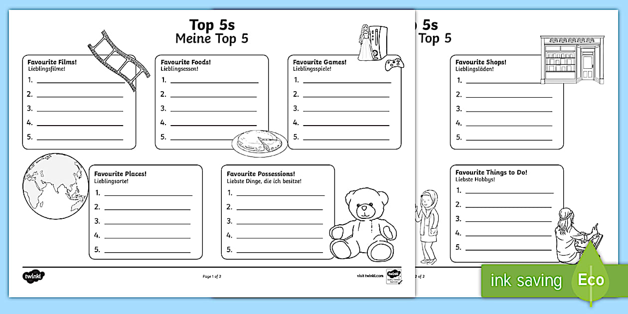 Top 5s Ranking Favourites Worksheet / Worksheet English/German
