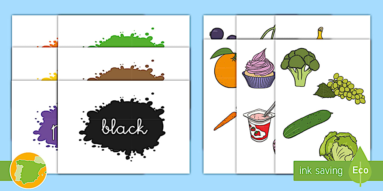 Tarjetas de clasificar: Comidas y colores en inglés