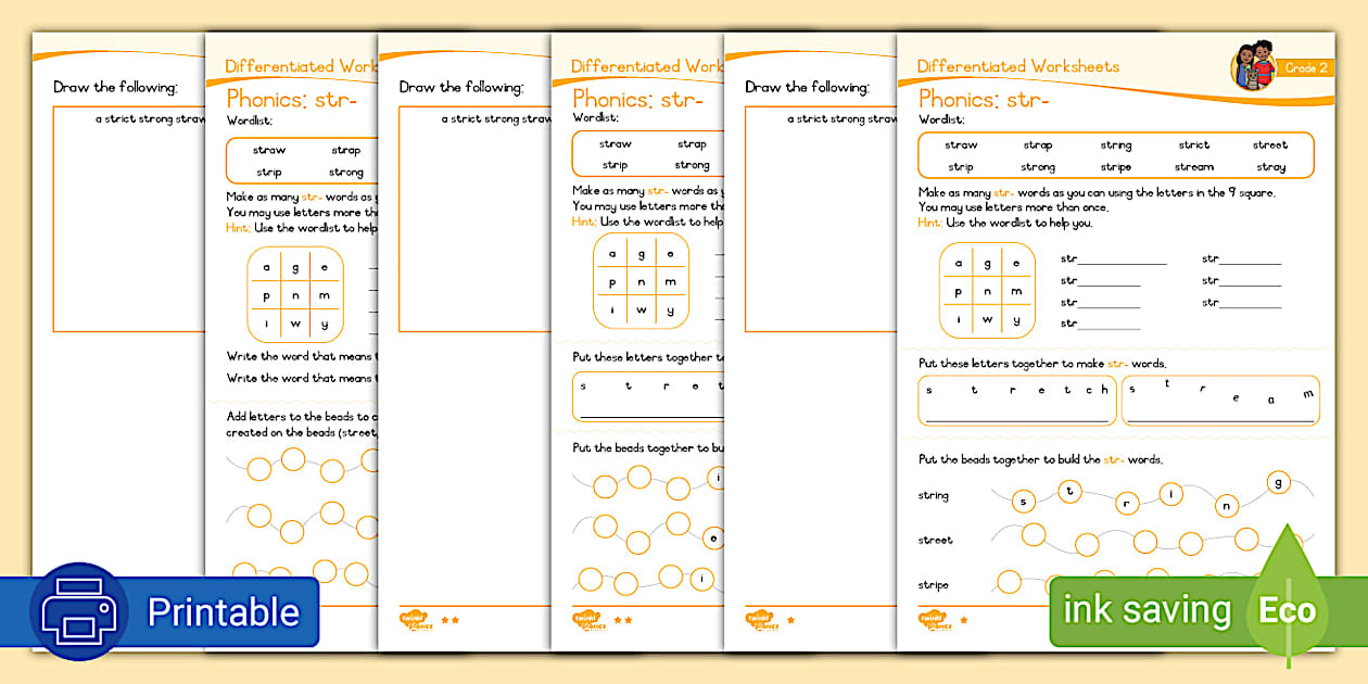 Grade 2 Phonics: str- Differentiated Worksheets - Twinkl