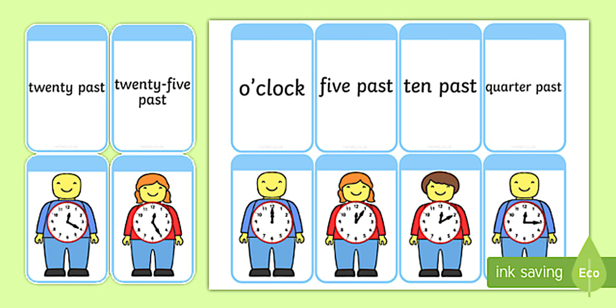 Black and White Telling the time on Building Brick Men Matching Flash Cards