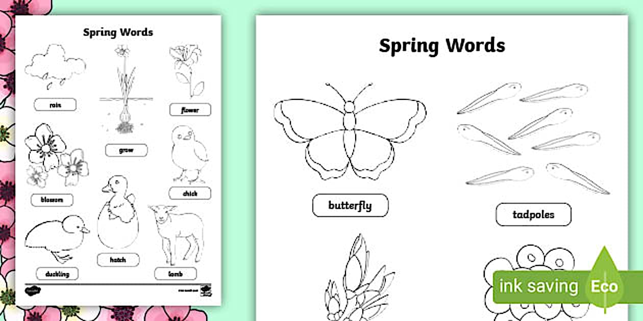 Springtime Words Colouring Sheets (teacher made) - Twinkl