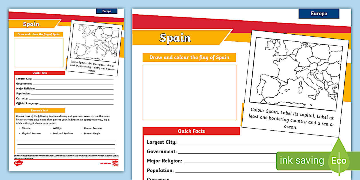 Spain KS2 Research Activity - Geography - Europe - Twinkl