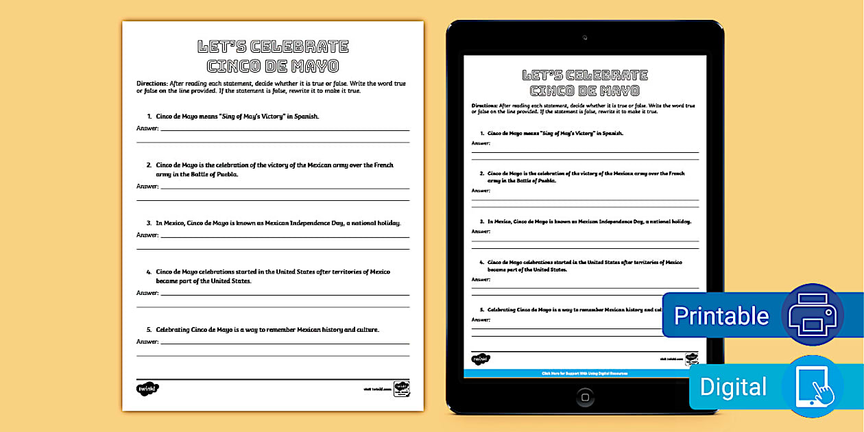 Cinco de Mayo True or False Worksheet (professor feito)