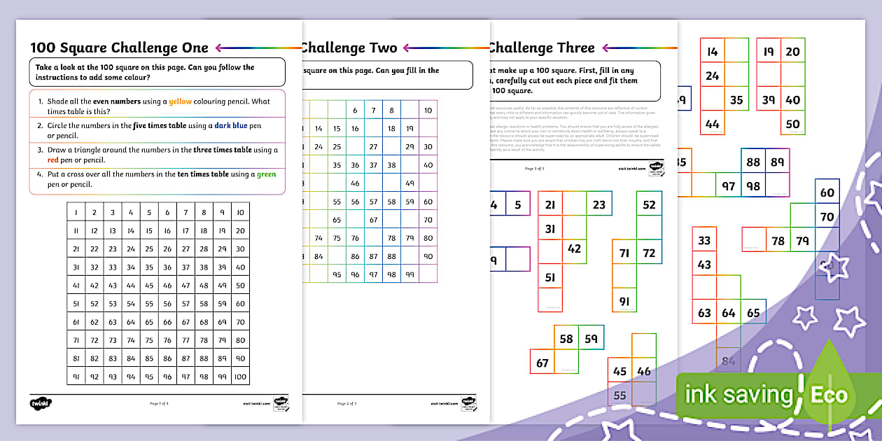 100 Square Challenges (Ages 5 - 7) (teacher made) - Twinkl