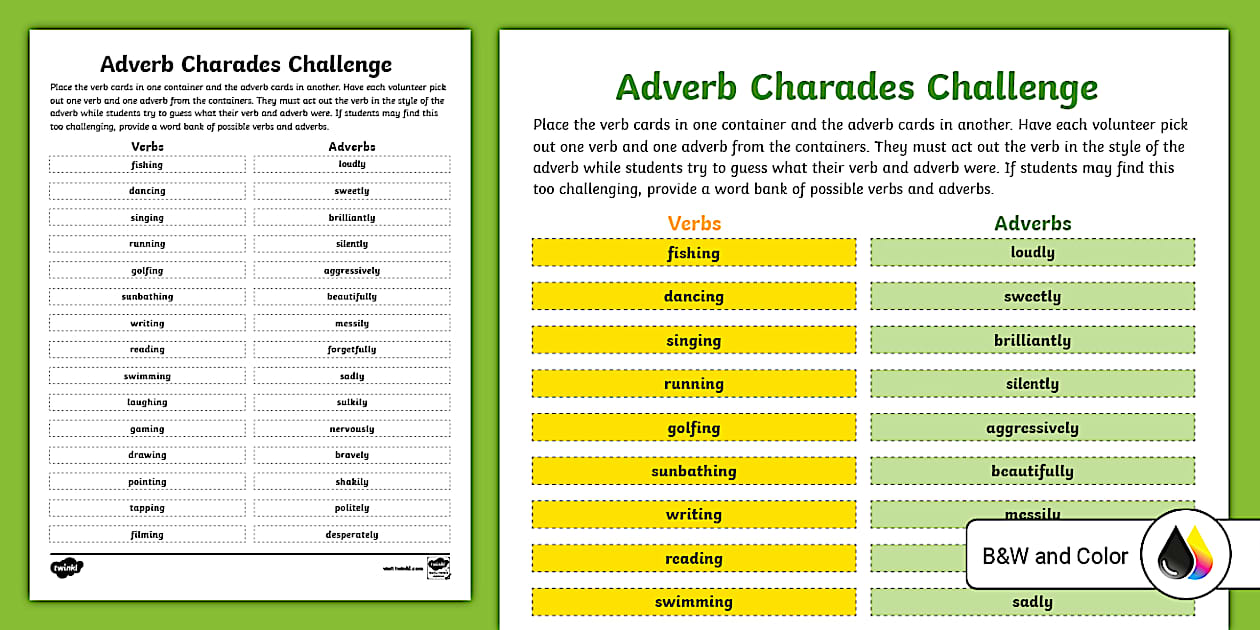 Adverbs Charades Challenge Activity for 6th-8th Grade