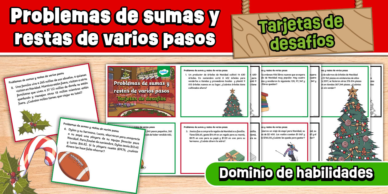 Problemas de sumas y restas de varios pasos tarjetas