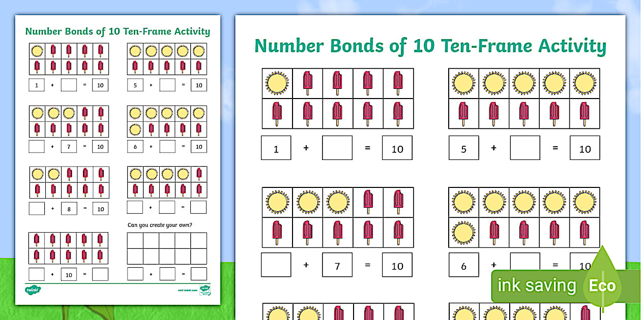 👉 Number Bonds to 10 Summer Ten-Frame Activity - Twinkl