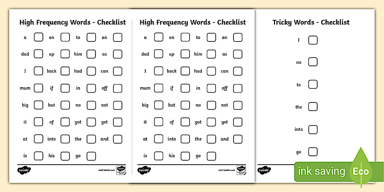 Phase 2 High Frequency Words and Tricky Words A5 Checklist