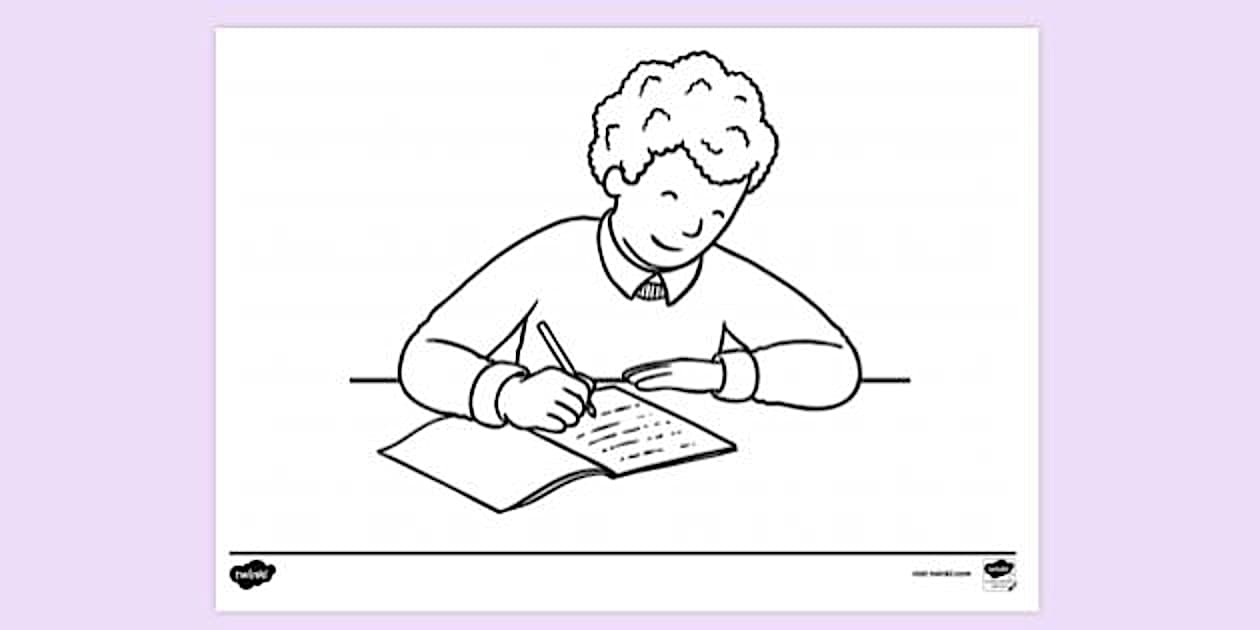 Boy Working at Desk Colouring Sheet (teacher made) - Twinkl