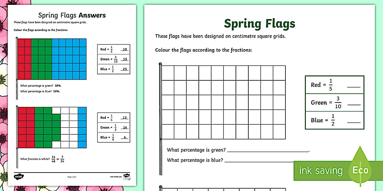 Spring-Themed Fraction and Percentages Flags Worksheet