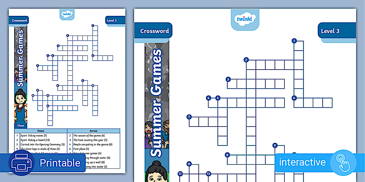 Summer Games Crossword - Level 3 - Twinkl - Kids Puzzles