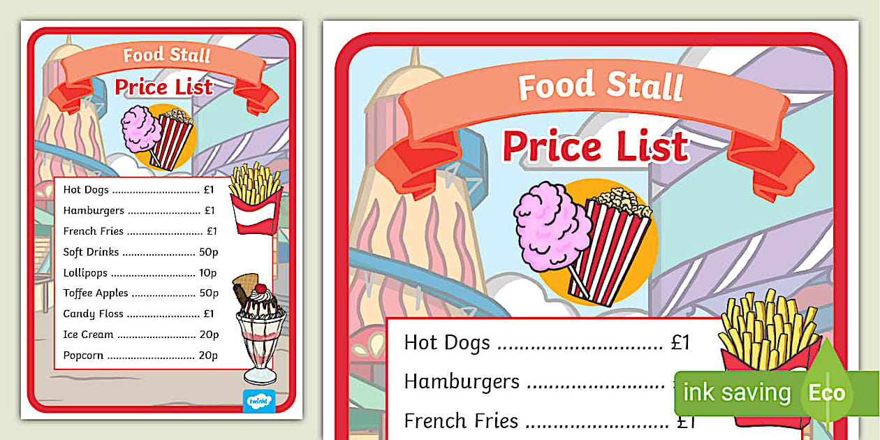 Editable The Fairground Food Stall Role Play Price List