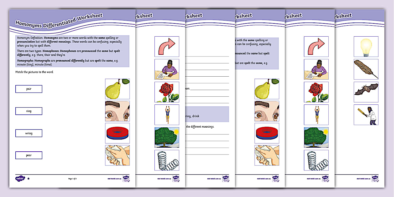 Homonyms Differentiated Worksheet (teacher made) - Twinkl