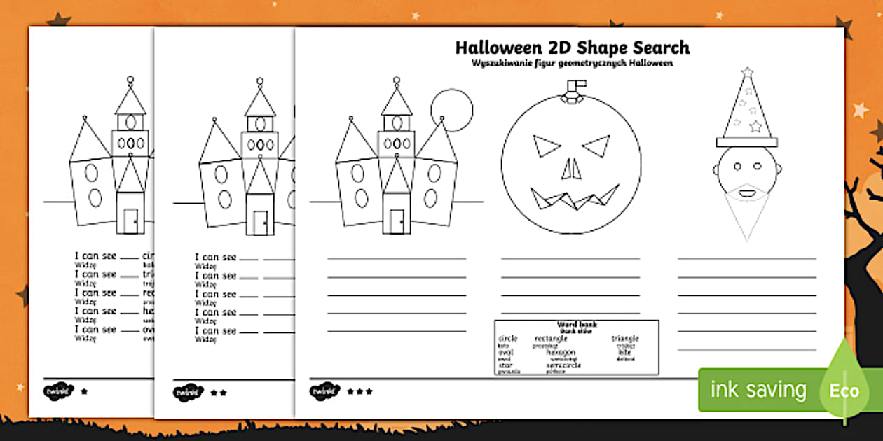 Halloween 2d shape search worksheet / worksheet English/Polish Translation
