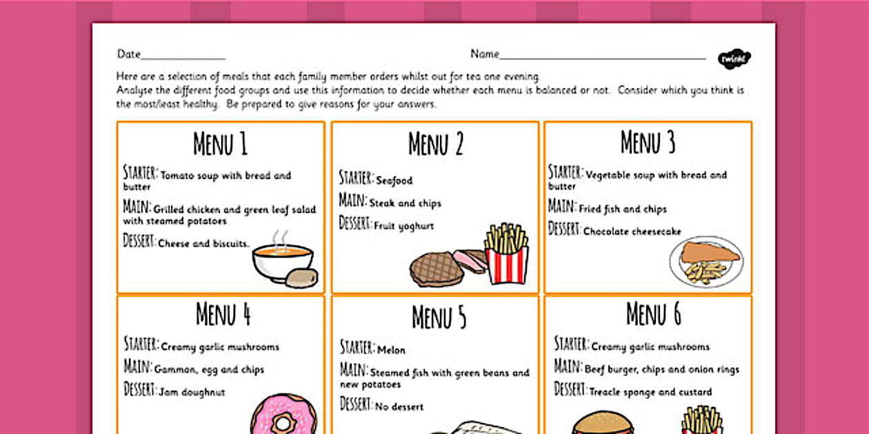Healthy Eating Analysing Menu Choices Activity - Twinkl
