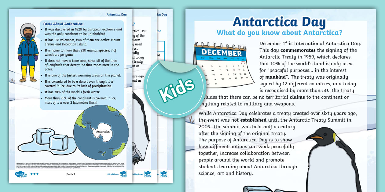 ESL Antarctica Day Reading Comprehension (teacher made)