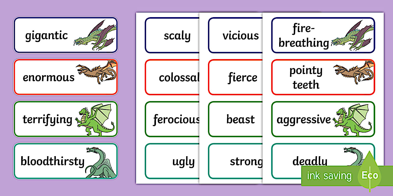 Dragon Word Cards - Adjectives to Describe a Dragon - Twinkl