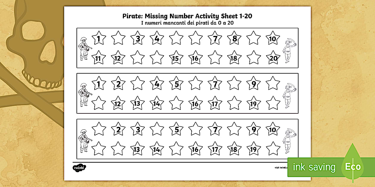 Pirate Missing Number 1-20 Worksheet English/Italian - Pirate Missing ...