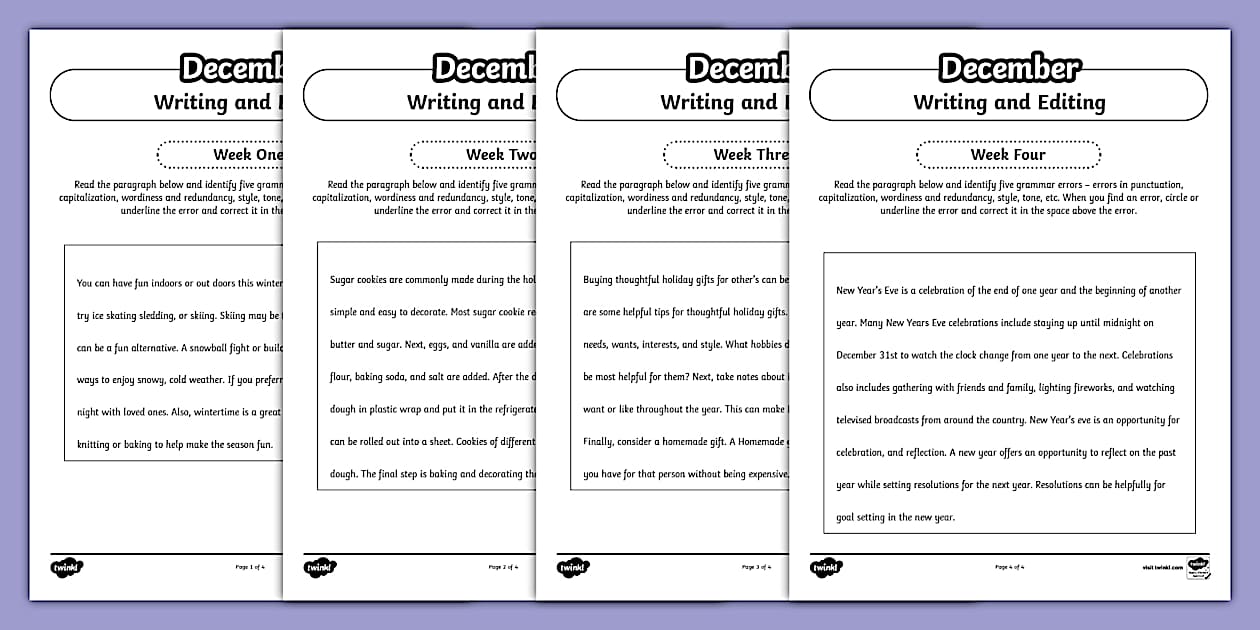 Sixth Grade December Paragraph of the Week Editing Practice