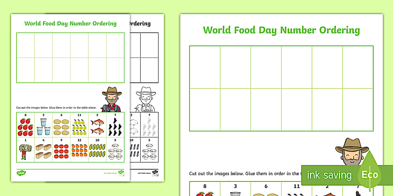 World Food Day Numbers to 12 Ordering Worksheet - Twinkl