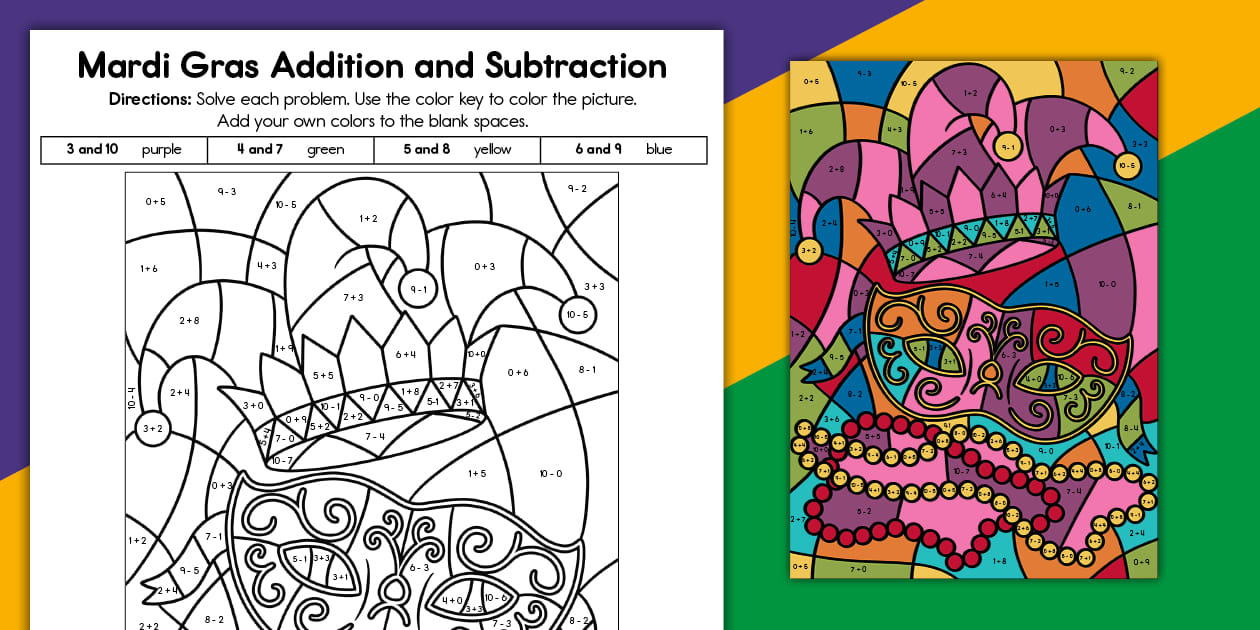 Mardi Gras Addition and Subtraction Facts to 10 Color by Number Worksheet