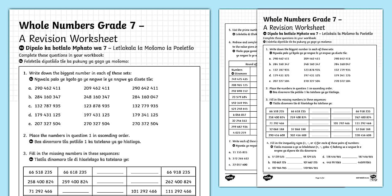 Whole Numbers – A Revision Worksheet Activity Sheet Sepedi