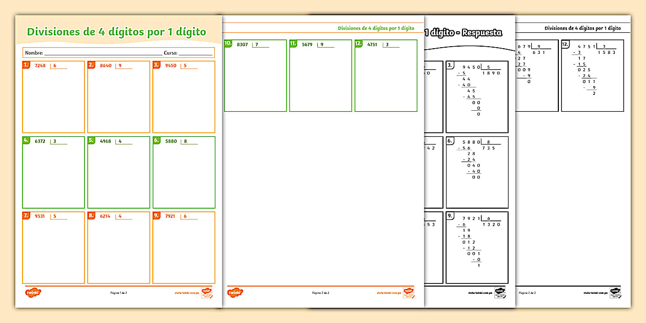 Ficha de actividad: Divisiones de 4 dígitos por 1 dígito con cuadrícula