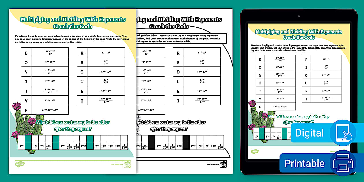 Eighth Grade Multiplying and Dividing With Exponents Crack the Code Cactus
