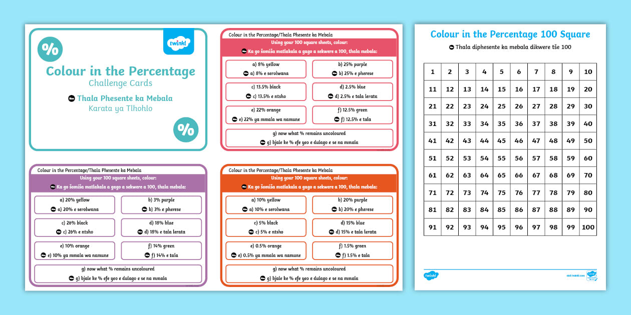 Percentage Maths Challenge Cards and 100 Square - Sepedi