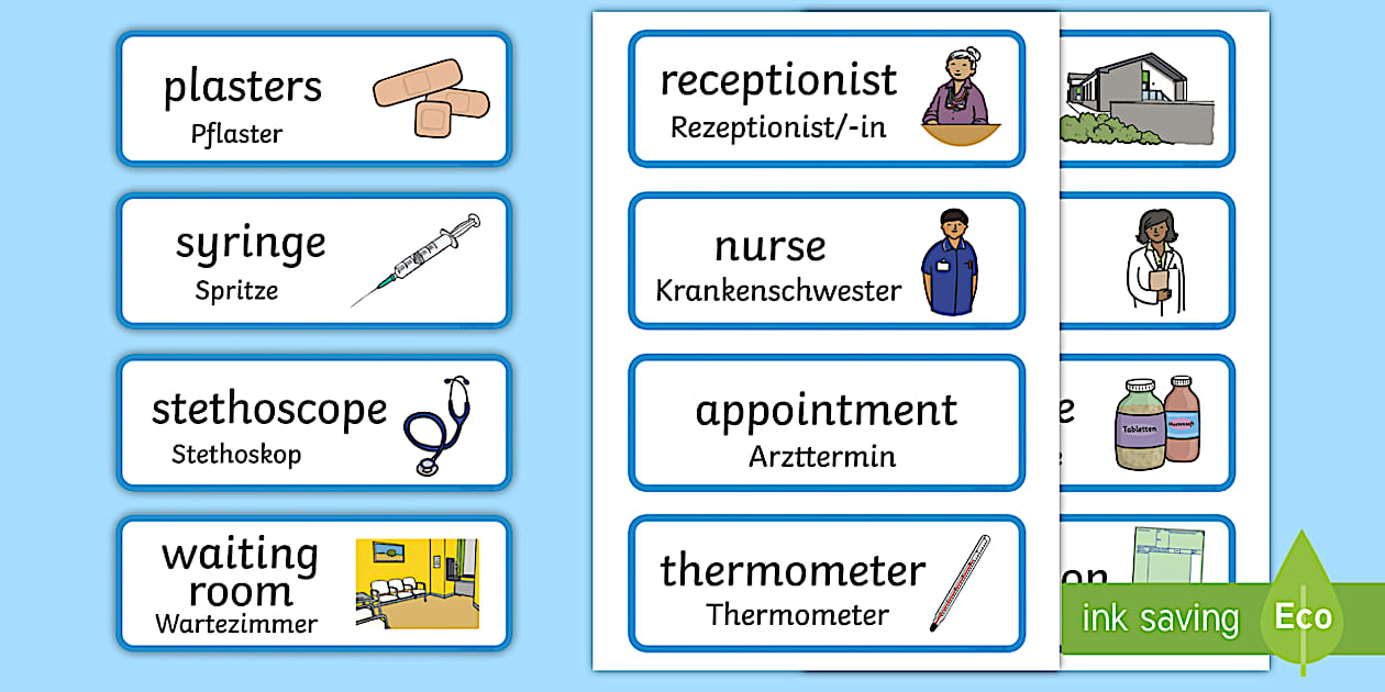 Doctor's Surgery Display Labels English/German - Twinkl