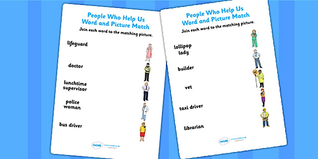 Black and White People Who Help Us Word and Picture Matching Worksheet