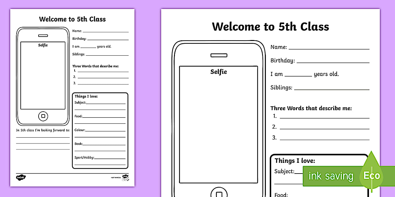 Editable Welcome to 5th class selfie Writing Worksheet