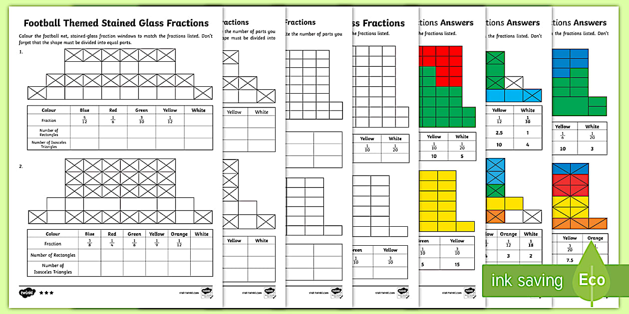 5-6 Football Themed Stained Glass Fractions Maths Differentiated Worksheets