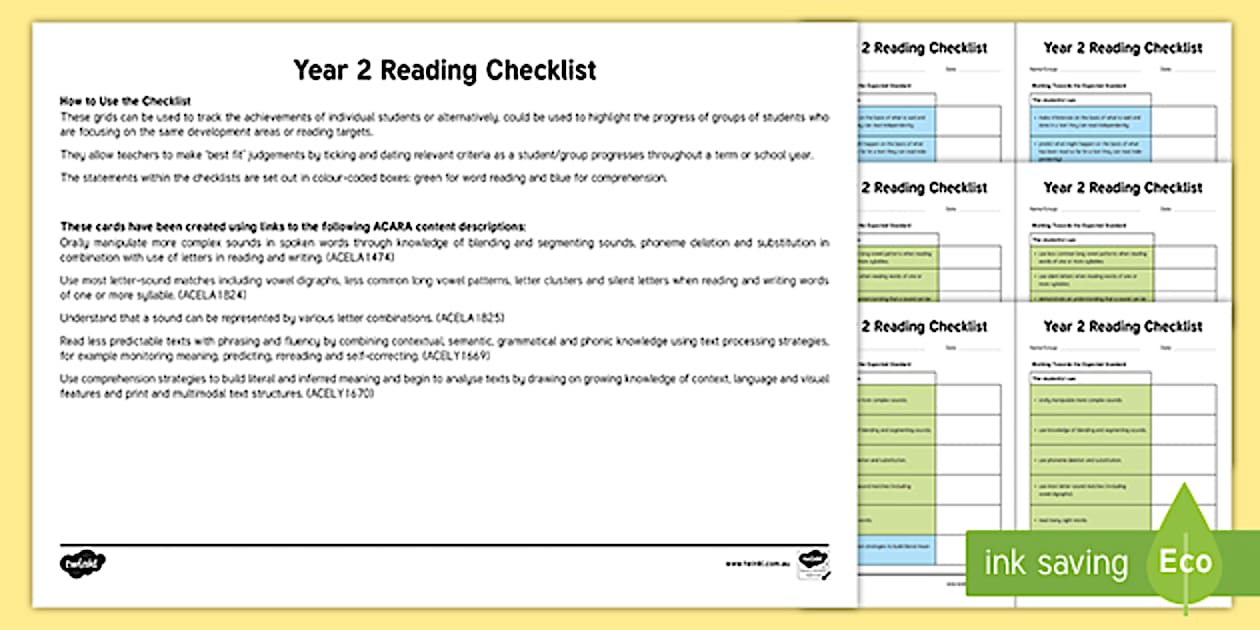 Editable Year 2 Reading Checklist (teacher made) - Twinkl