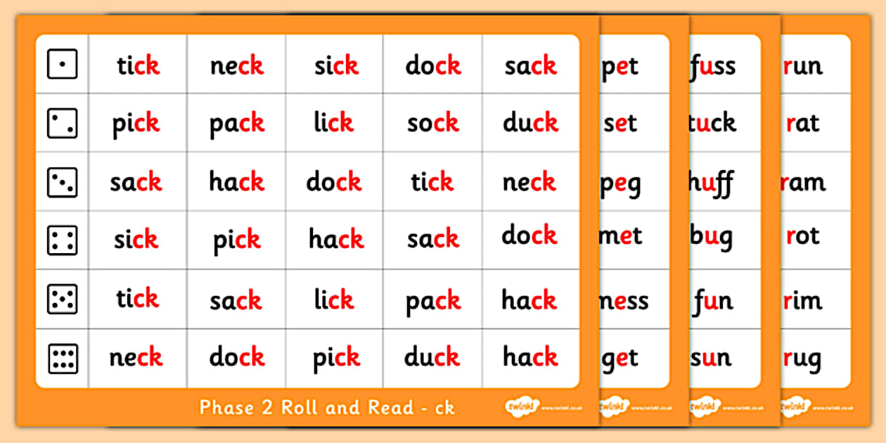 Phase 2 Letter Progression Set 4 ck, e, u, r Phoneme Roll and Read Mat Pack