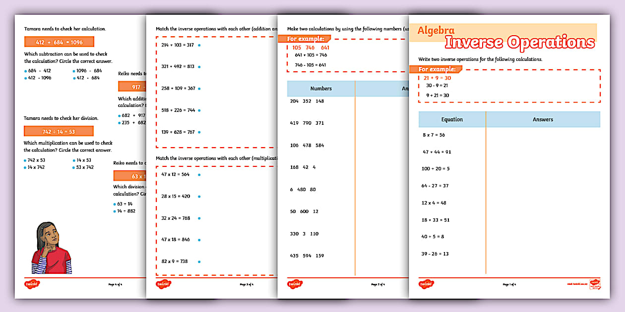 Inverse Operations Algebra Level 3 Worksheet - Twinkl