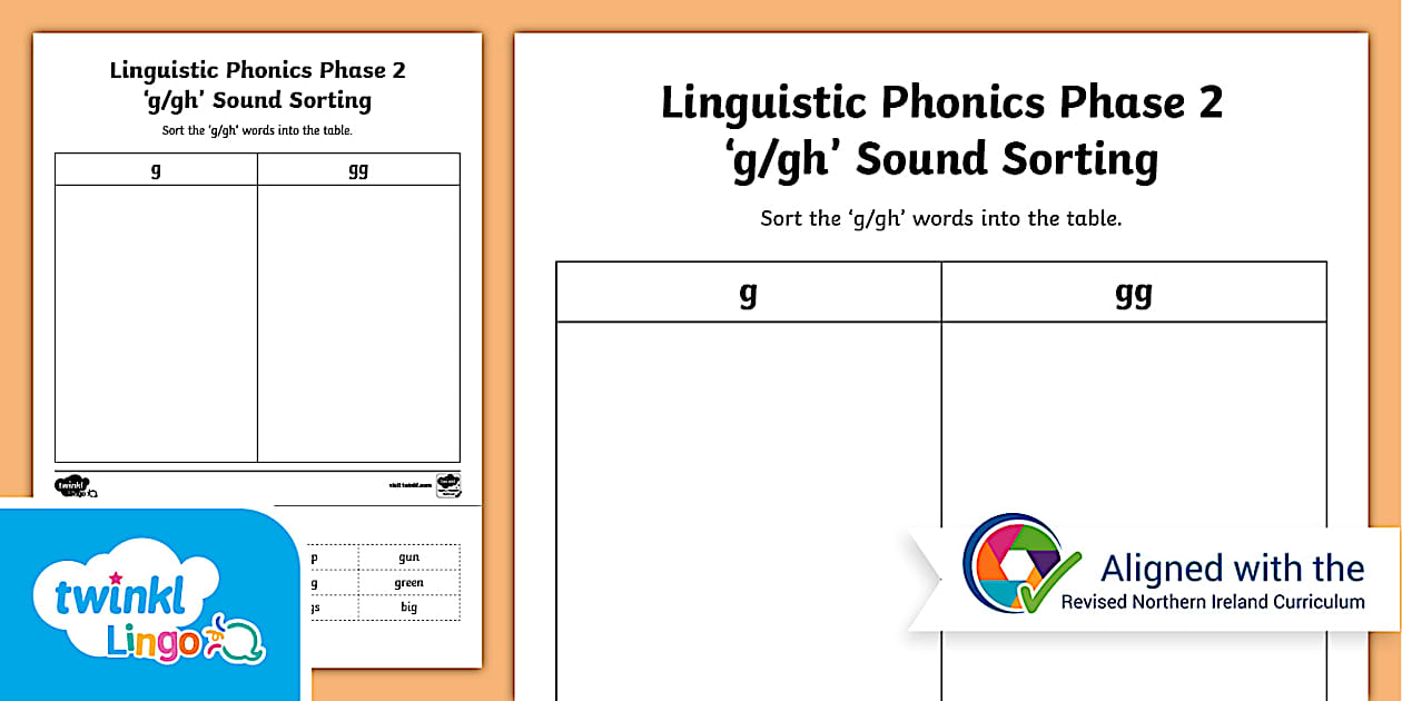 Linguistic Phonics Phase 2 'g/gh' Sound Sorting Activity Sheet