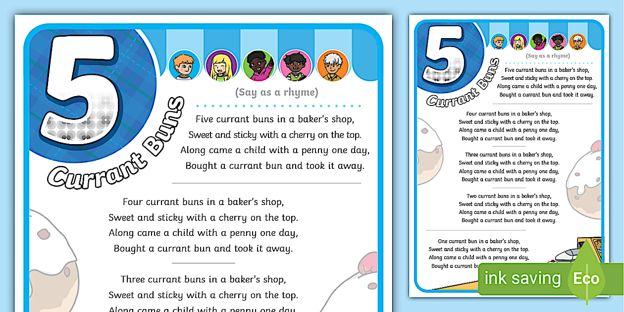 Black and White 5 Currant Buns Nursery Rhyme Sheet - Twinkl
