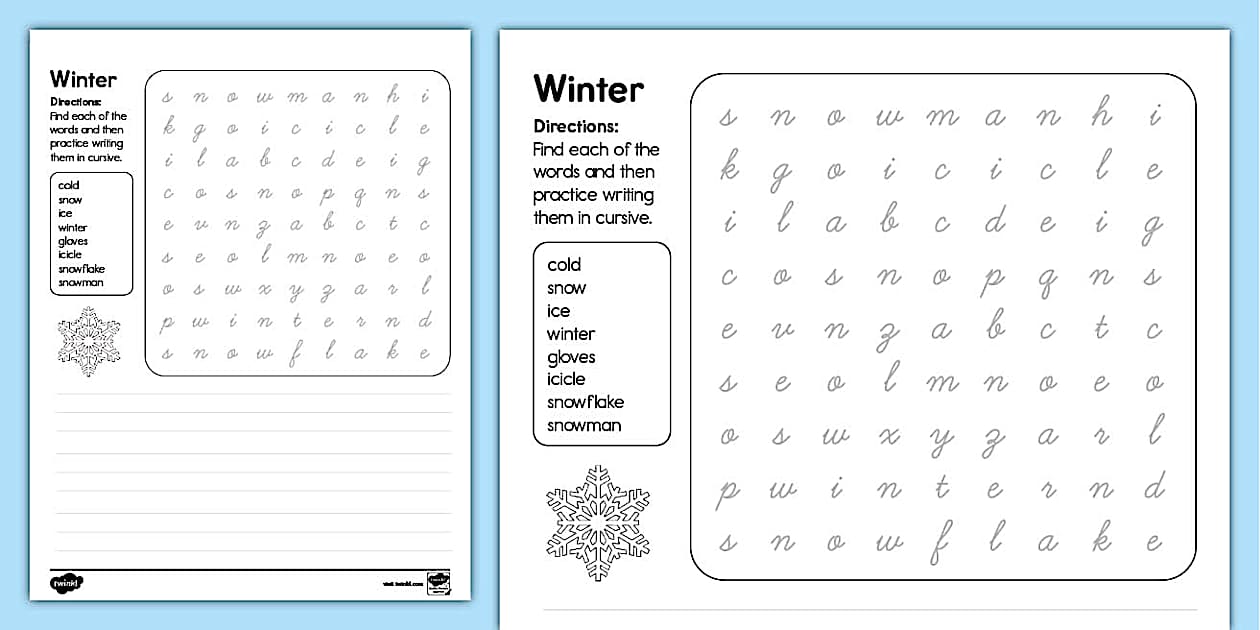 Winter Cursive Word Search and Write Worksheet - Twinkl