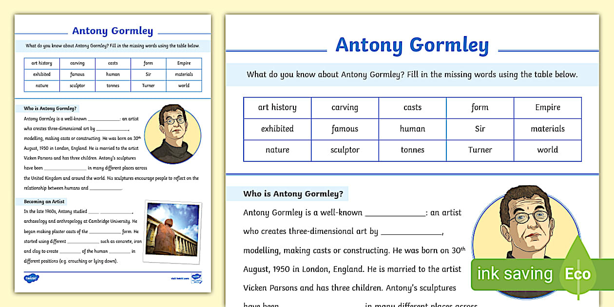 Antony Gormley Cloze Worksheet (professor feito) - Twinkl