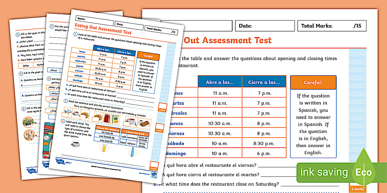 👉 Spanish: Eating Out: Year 5 Assessment Test - Twinkl