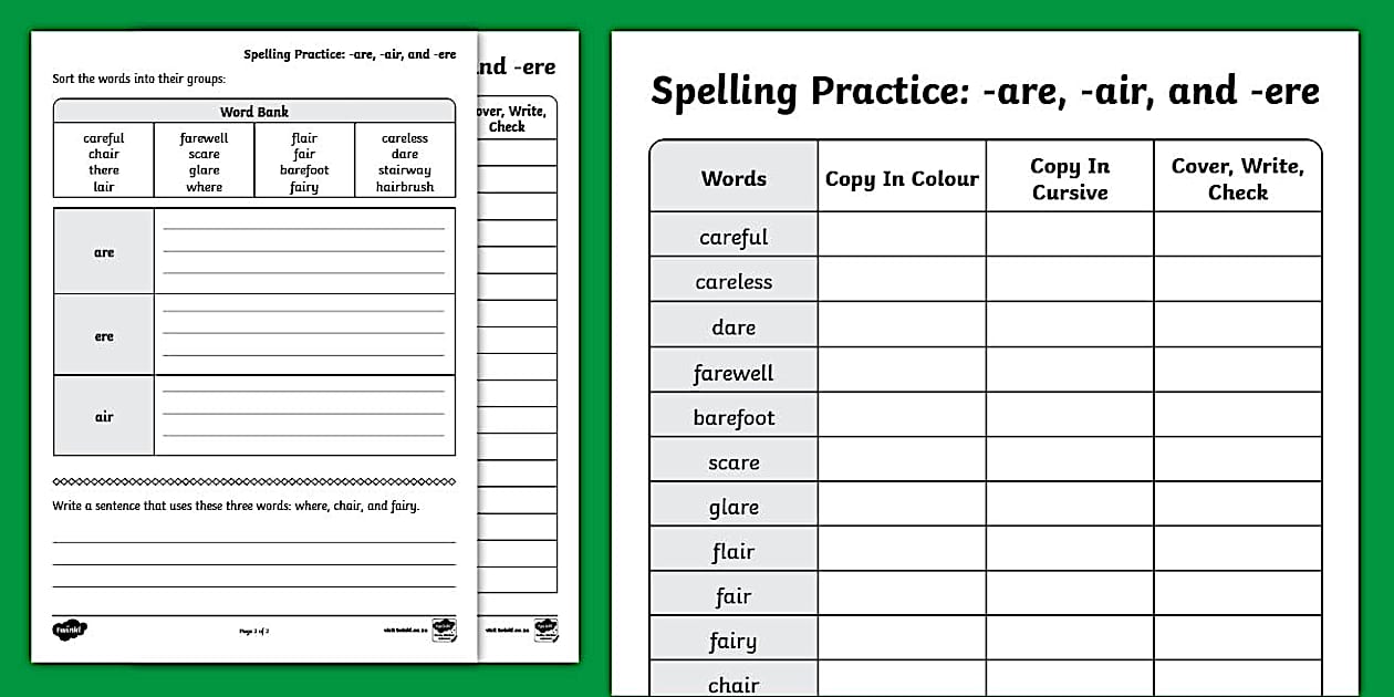 Grade 3 are, air, ere Spelling Practice Sheets - Twinkl