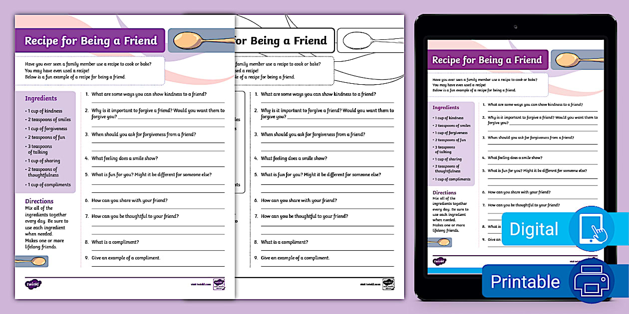 Recipe for Being a Friend Worksheet (Teacher-Made) - Twinkl