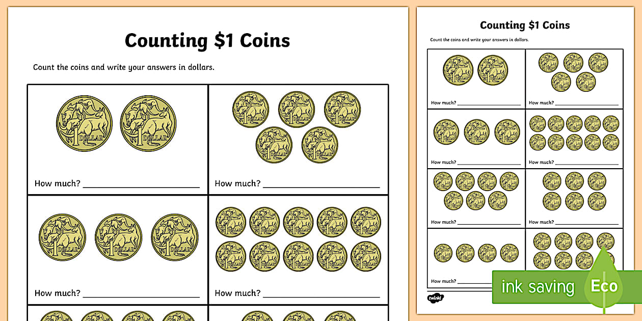 Black and White Counting $1 Coins Worksheet - Twinkl